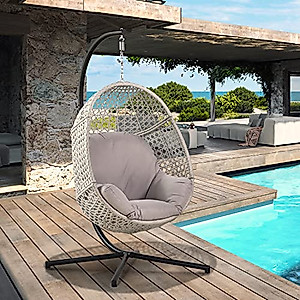 PRIVATE GARDEN Large Hanging Egg Chair with Stand Upgraded Wicker Egg Swing Chair Outdoor Indoor PE Rattan Hanging Chair with Grey Comfort Cushion Heavy Duty C-Stand