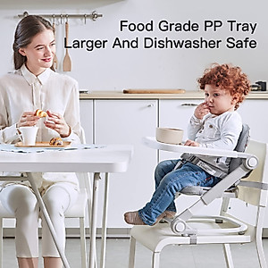 Toddler Booster Seat for Dining Table, Portable High Chair Travel Booster Seat with Aluminum Frame, Soft PU Cushion and Adjustable Height&Tray, Easy to Clean(Grey)