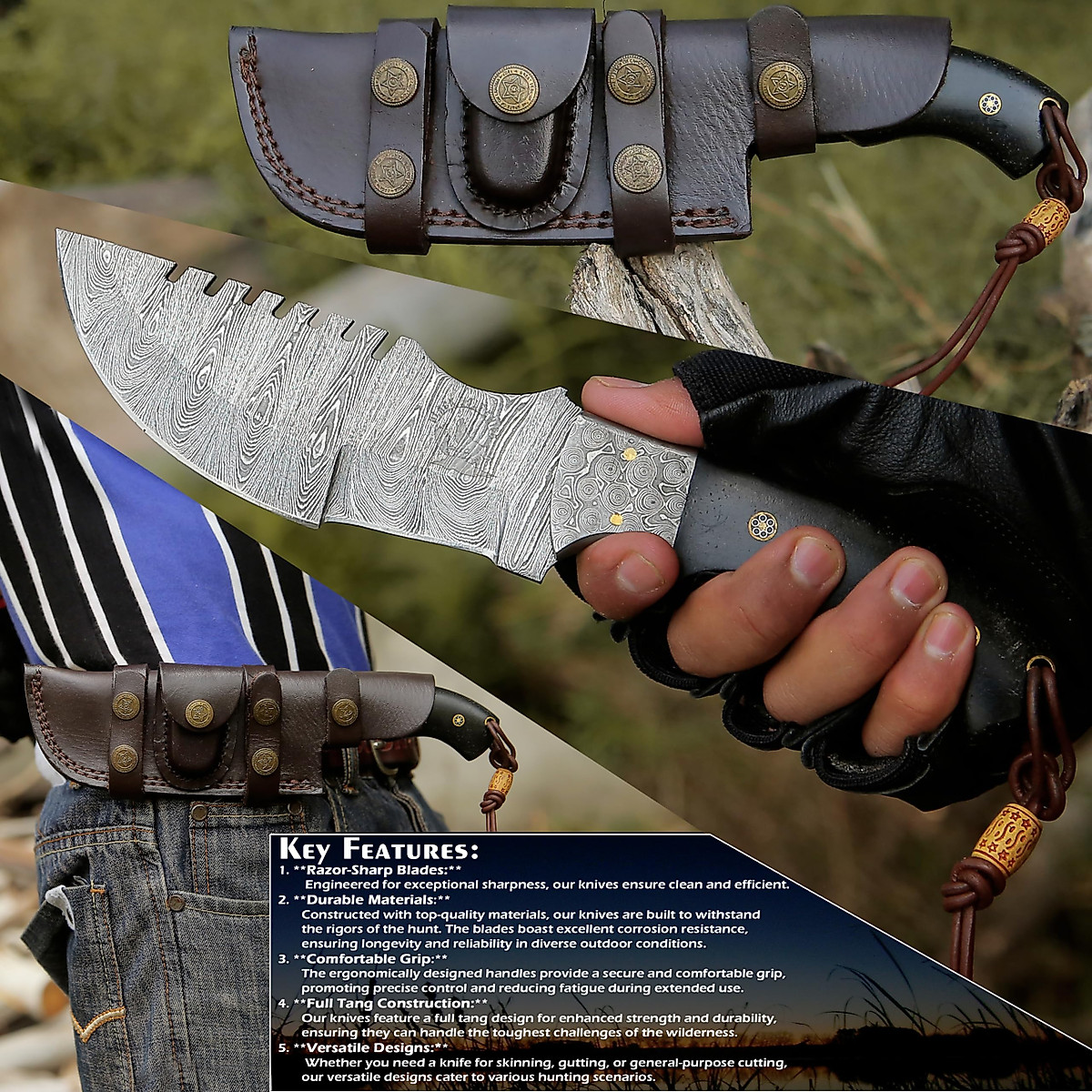 BLACK WOLF KNIFE Handmade Damascus Steel Tracker Knife EDC for Hunting, Bush craft, Camping, Fixed Blade G10 Handle with Cowhide Leather Sheath – BW-4141