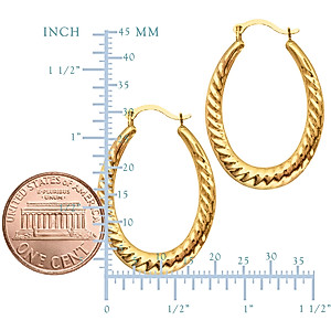 10k Yellow Gold Ridged Oval Shaped Hoop Earrings, Diameter 30mm