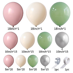 140Pcs Dusty Pink Sage Green Balloon Garland Arch Kit Mist Pink Retro Green Sand White Metallic Silver Latex Balloons for Boho Baby Shower Birthday Wedding Bridal Shower Party Decorations