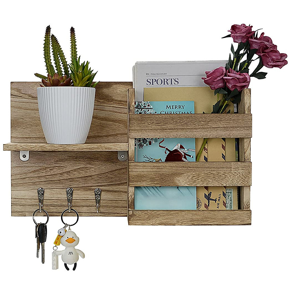 AIBLOM Wall Key Holder with Shelf，Wall Mounted Mail Organizer, Rustic Farmhouse Key Hooks for Wall Decorative, Dog Leash Organizer for Wall/Entryway/Mudroom