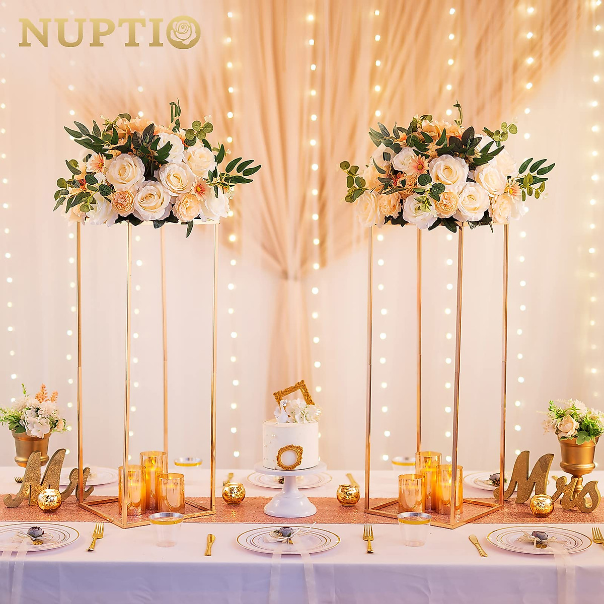Nuptio 2 Pcs Metal Flower Floor Vase Column Flower Stand Geometric Centerpieces Vase for Tables, 80cm/31.5in Tall Gold Flower Holder for Home Party Wedding Decorations, Rectangular Flower Display Rack