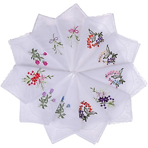 Olgaa 20pcs Women Floral Handkerchiefs Vintage Floral Embroidered Cotton Ladies Handkerchiefs, White, 28cmx28cm