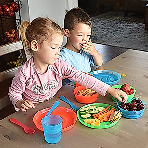 Dinnerware set for 4 | Kids dishes set include plastic cups, plates, bowls, Flatware set | Rainbow colours for kids party indoor and camping | Reusable and Microwave safe