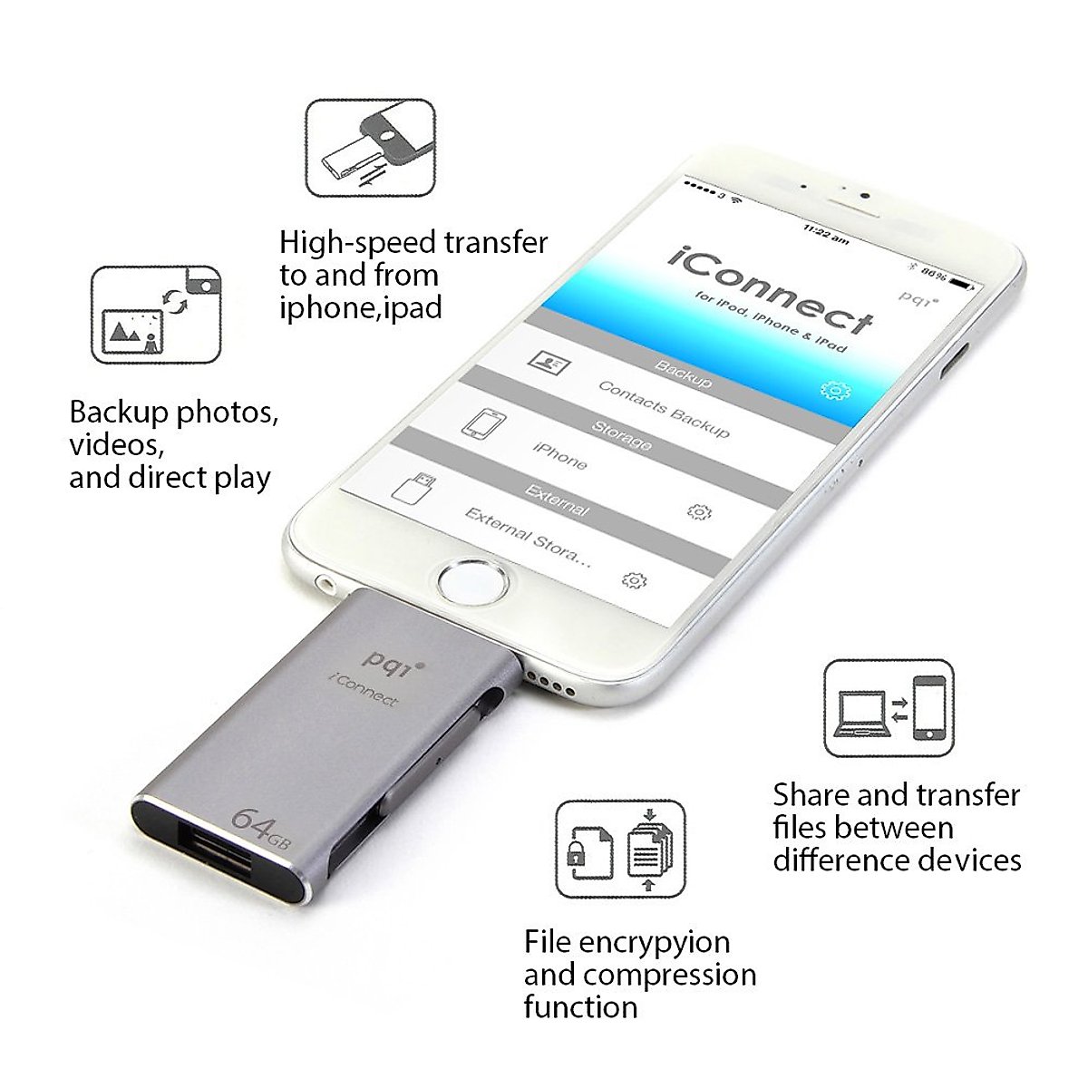 Flash Drive for iPhone iPad, iConnect[USB 3.0] [Apple MFi Certified] Apple FlashDrive Mobile Storage with Lightning Connector for iPhone, iPad, iPod Mac and Computer (64GB) (Space Gray)
