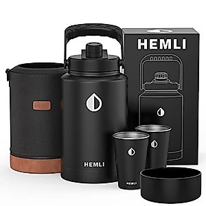 HEMLI One Gallon Water Bottle Insulated, 128 oz Insulated Stainless Steel Water Bottle, One Gallon Jug, Double-Walled Vacuum-Sealed Insulated Beer Growler, with Carrying Case
