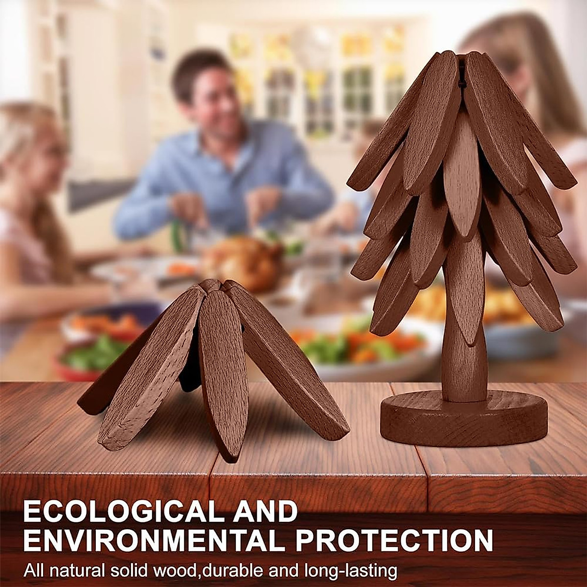 Wooden Tree Coasters, Wooden Trivets for Hot Dishes,Walnut Tree Shape Table Insulation Mat Set for Hot Pots and Pans Heat Resistant Pads for Kitchen Counter (Walnut, M, 3 Wooden Trivet + 1 Stand)