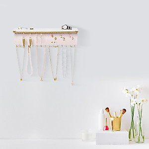 SANY DAYO HOME Wall Mount Jewelry Organizer Real Wood Jewelry Display Storage Shelf with 15 Necklace Hooks, Earring Bracelet Rod, Stud Cork Board, White