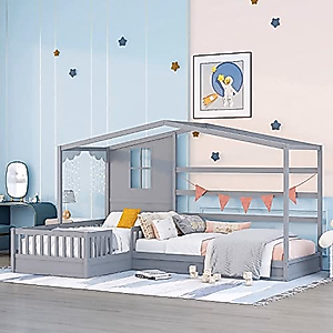 Harper & Bright Designs House Bed with Double Twin Beds, Wood L-Shaped 2 Platform Beds Roof ,Window,Fence and Slatted Design, Corner Playhouse Frame ,Montessori for Kids Girls Boys ,Grey