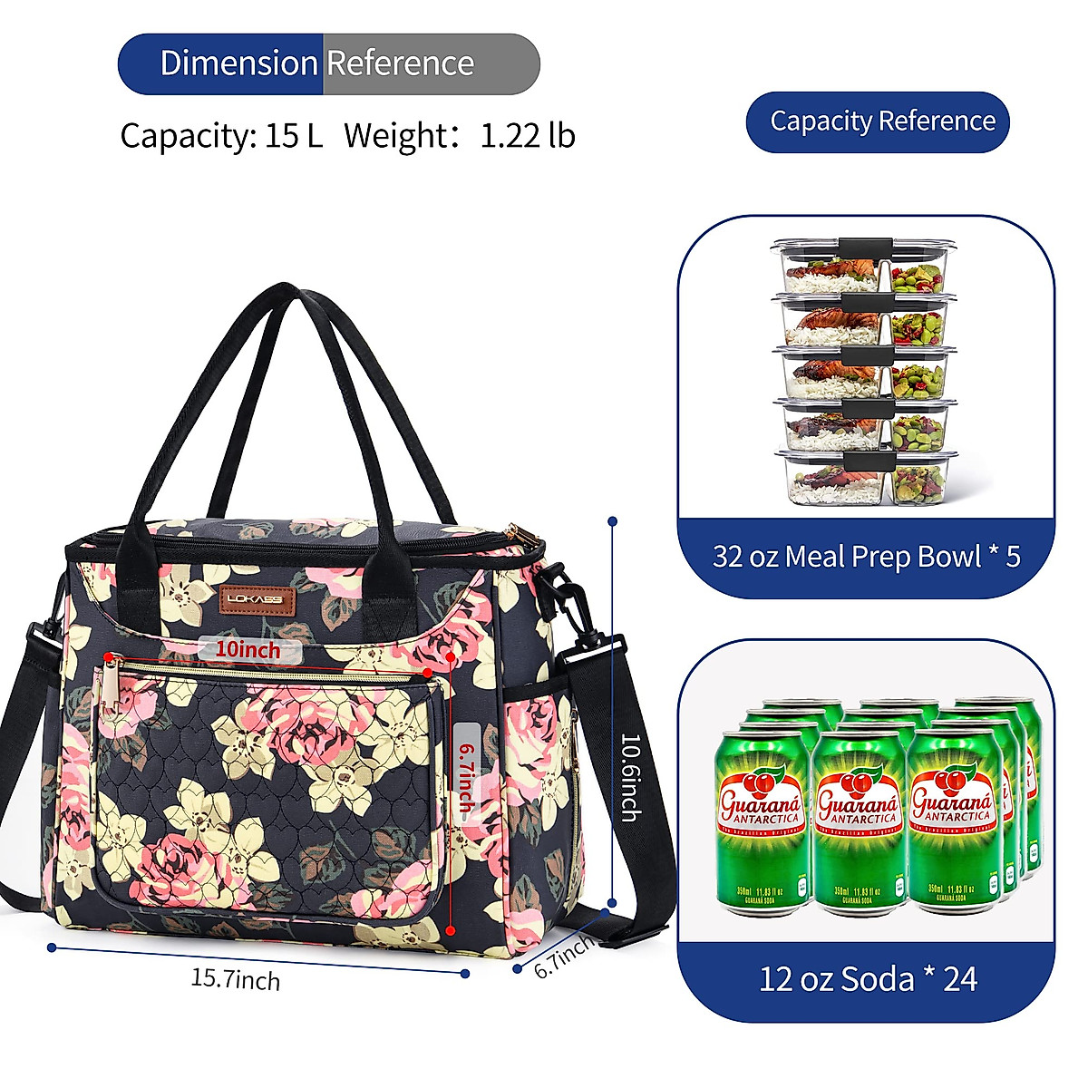 LOKASS Lunch Box - Lunch Bag Women Insulated Lunch Box for Women Teacher Nurse Tote Bag for Work Picnic or Travel Removable Shoulder Strap Side Pocket - Peony