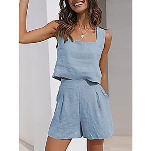 AUTOMET Womens 2 Two Piece Outfits Lounge Matching Sets Casual Y2K Linen Shorts Crop Tops 2023 Trendy Clothes Summer Vacation Outfits