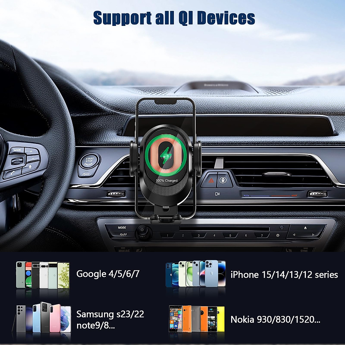 Wireless Car Charger, 15W Qi Fast Charging Auto Clamping Car Charger Phone Holder Mount, Touch Control Air Vent Cell Phone Holder for iPhone 15/14/13, Samsung S23/S22, Pixel 7,etc