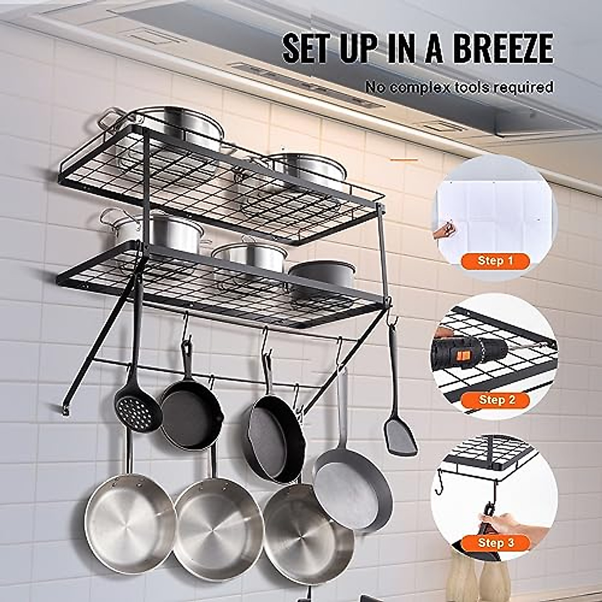 VEVOR Pot Rack Wall Mounted, 30 inch Pot and Pan Hanging Rack, Pot and Pan Hanger with 12 S Hooks, 55 lbs Loading Weight, Ideal for Pans, Utensils, Cookware in Kitchen