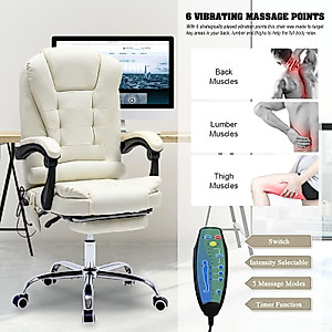 Belandi Massage Office Chair, Ergonomic Executive Computer Chair w/Foot Rest, PU Leather Executive Office Chair w/Heated, Padded Armrest, High Back Swivel Recliner for Office Home Study (White)
