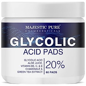 MAJESTIC PURE Glycolic Acid Pads for Face & Body - 20% Resurfacing Exfoliating Pads with Vitamin C,E,B5,AloeJuice, GreenTea & Rosemary Oil - For Skin Tone, Acne, Fine Lines & Dark Spots - Peel Pads 60
