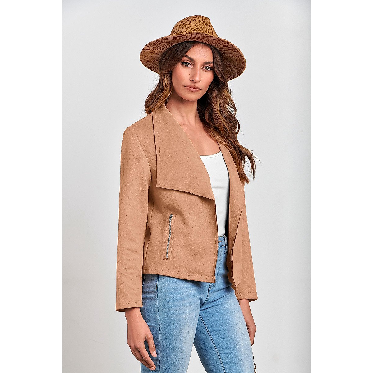 PRETTYGARDEN Women's Faux Suede Jackets 2025 Spring Fall Clothes Long Sleeve Open Front Cropped Coat Outwear (Camel,Small)