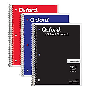 Oxford Spiral Notebook 3 Pack, 5 Subject, College Ruled Paper, 4 Dividers, 8 x 10-1/2 Inches, Black, Red, Blue, 180 Sheets (65203)