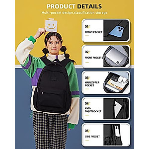 Lightweight School Backpack for Women Men, Black Laptop Travel Casual Daypack College Secondary School Bags Bookbag for Teenage Girls Boys