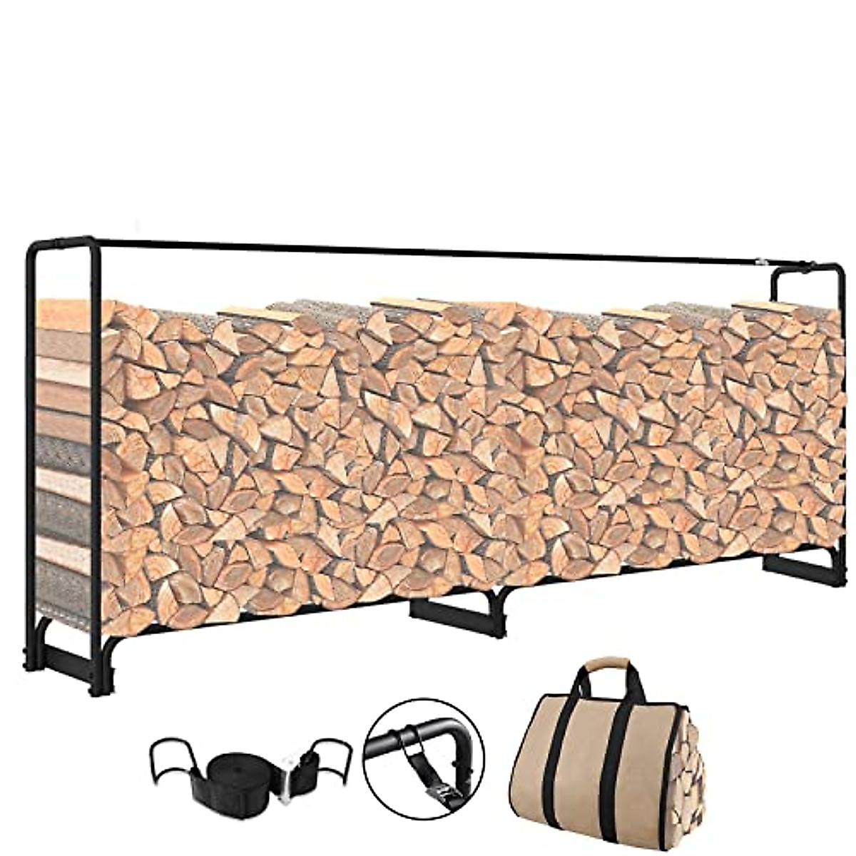 Eurmax USA Firewood Rack Outdoor Log Rack Holder Fireplace Heavy Duty Wood Stacker Storage Rack Holder Steel Tubular Wood Pile Racks Bonus Carry Bag and Strong Belt (8ft)