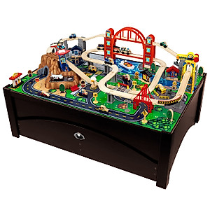 KidKraft Metropolis Wooden Train Set & Table with 100 Pieces and Storage Drawer - Espresso