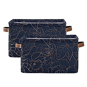 AGONA Navy Blue Gold Rose Peony Floral Foldable Storage Bin Large Collapsible Fabric Storage Box Organizer Containers Baskets with Leather Handles for Shelves Home Bedroom Organizer Nursery Office 2 P