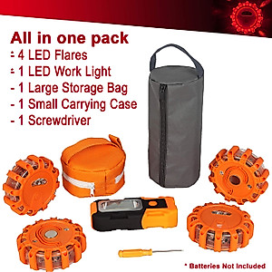 Magnetic Emergency LED Road Flares Warning Kit | Car Roadside Safety Lights | Up to 1.5 Mile Flashing View | 4 Red Light Beacon Disk & 1 Working Flashlight | For Vehicle, Boat, Truck, Flood & More