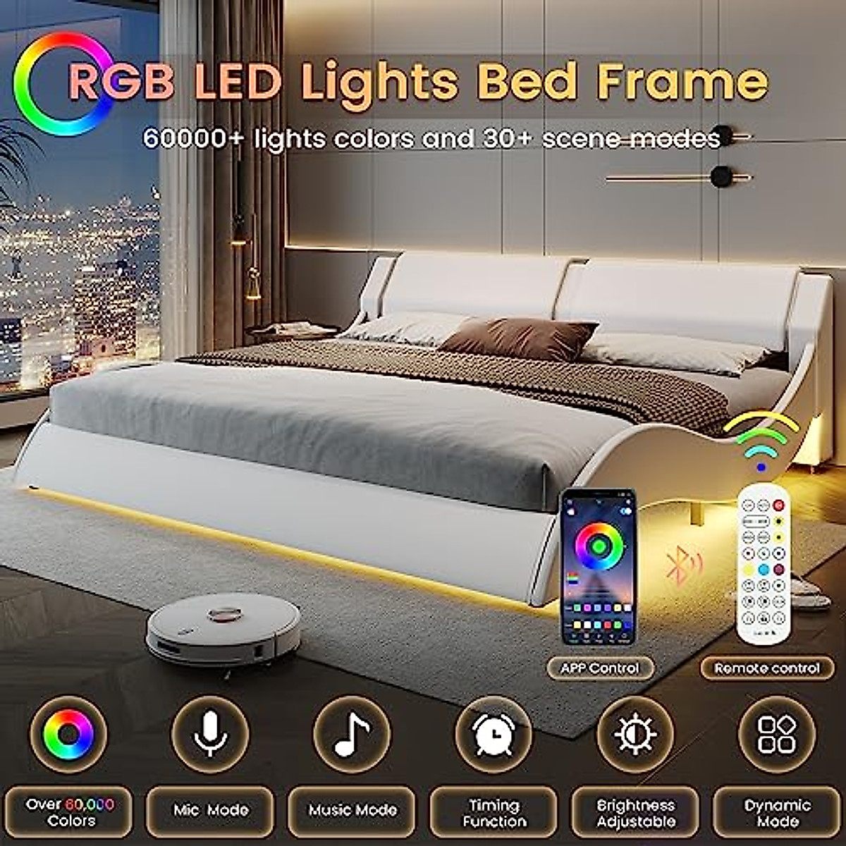 DICTAC King Size Bed Frame with LED Lights Modern King Led Bed Frame with Upholstered Headboard Faux Leather Low Profile Platform Bed Frame Wave Like Curve Bed Frame,No Box Spring Needed,White