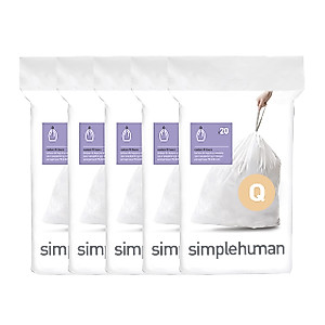 simplehuman Code Q Custom Fit Drawstring Trash Bags in Dispenser Packs, 100 Count, 50-65 Liter / 13-17 Gallon, White