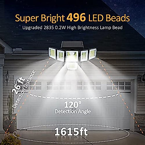 DazzLiteer Solar Lights Outdoor, 496 LEDs Motion Sensor Light, 6 Adjustable Heads 320° Wide Angle Flood Light, 3 Lighting Modes IP65 Waterproof Security Lights for Patio Perimeters, Garden (1 Pack)