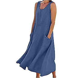 SMIDOW Womens Cotton Linene Beach Sun Dress Casual Loose Flowy Maxi Long Dresses Sexy Sleeveless Comfy Sundress Summer 2023