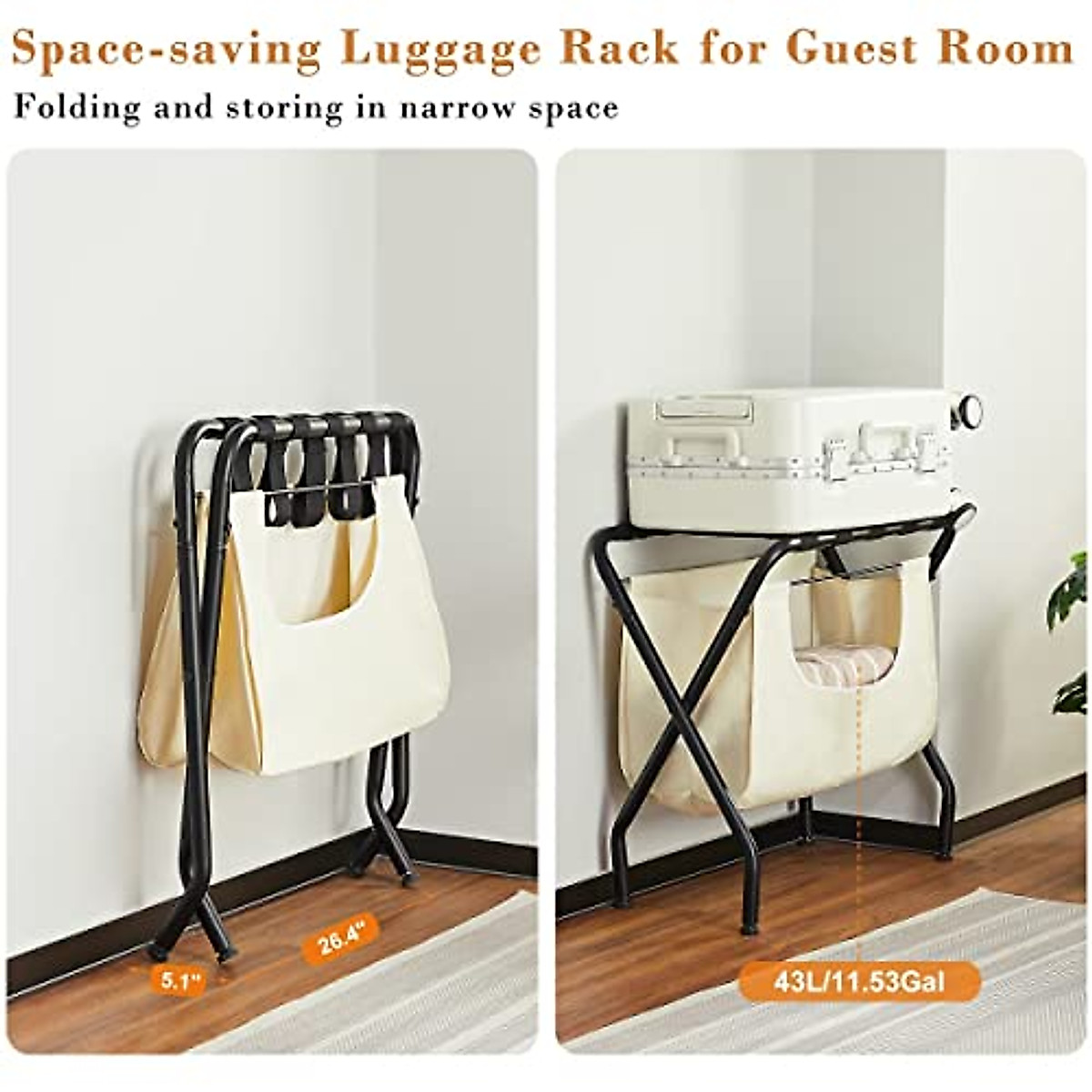 ELYKEN 4 Pack Luggage Rack with Laundry Bag, Guest Room Folding Space Saving Suitcase Holder, Max 110LBS Baggage Shelf with Heavy Duty Nylon Belts, Dirty Clothes Storage for Bedroom Hotel