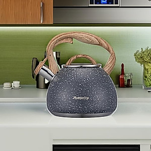 MARSKITOP Tea Kettle Stovetop Whistling Tea Pot for Stove Top, Stainless Steel Tea Kettle Teapot with Wooden Pattern Handle, 2.6 Quart, Gray