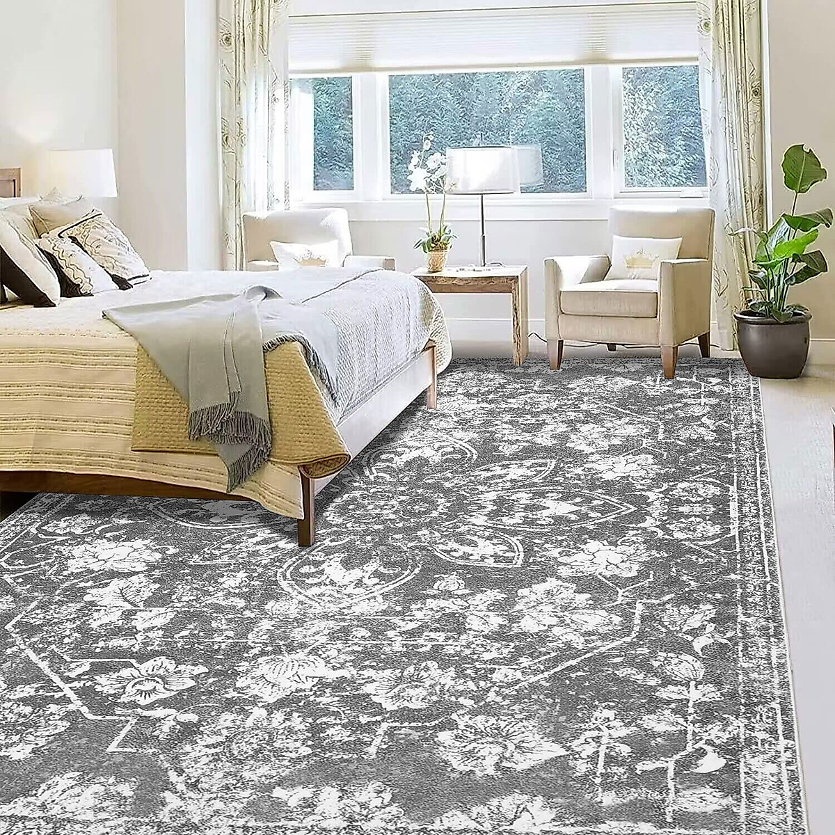 Pauwer Area Rug 5x7 Rug, Distressed Low Pile Non-Slip Non-Shedding Floral Print Large Accent Rug, Washable Carpet Indoor Mat for Living Room Bedroom Dining Room