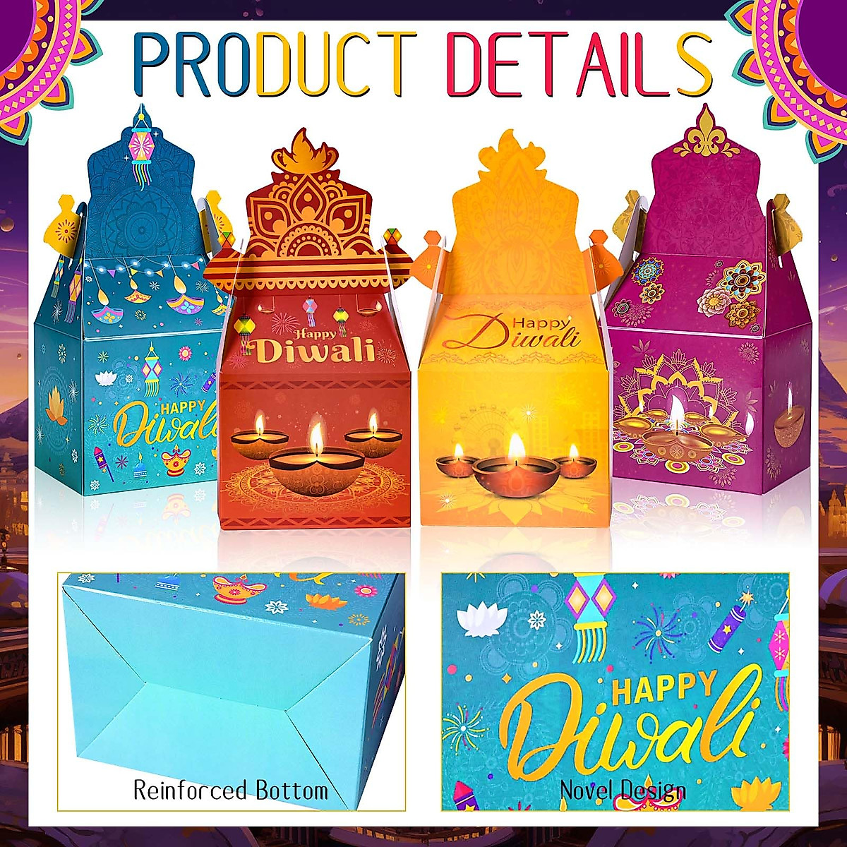 24Pack Happy Diwali Party Favor Boxes Rangoli Lantern Diya Pattern Treat Boxes Diwali Party GoodieGable Boxes for Indian Festival of Lights Party Decorations