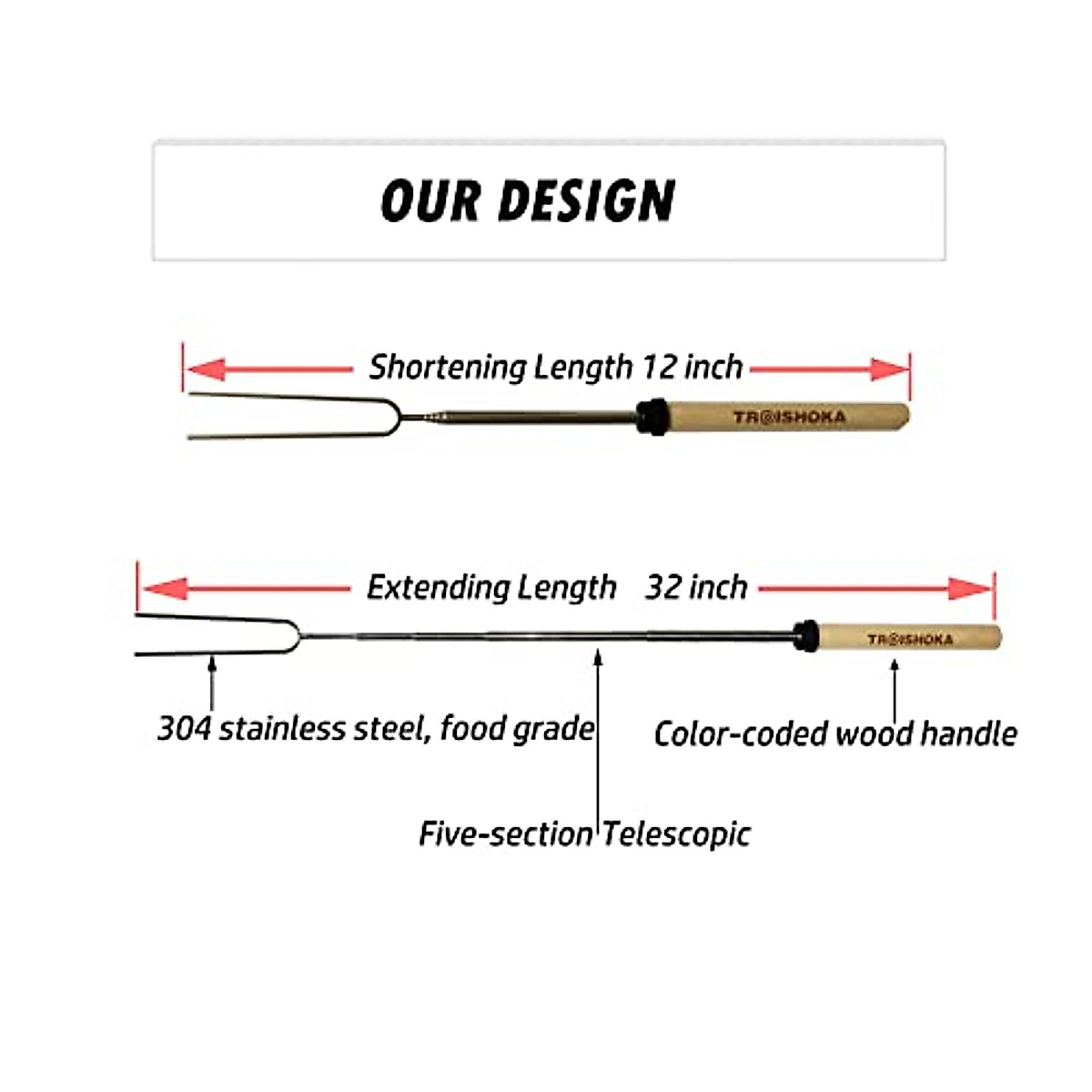 TROISHOKA Marshmallow Roasting Sticks-Smores Sticks for fire pit-Camping Accessories-Camfire Skewers 32 inch long (8pack)