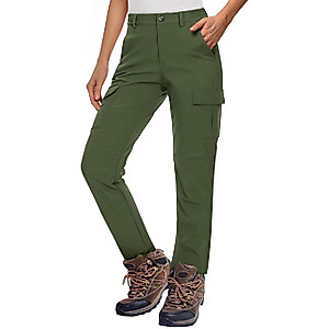 MAGCOMSEN Womens Fleece Lined Pants Winter Hiking Softshell Pants Army Green Waterproof Insulated Snow Ski Pants Cold Weather, L