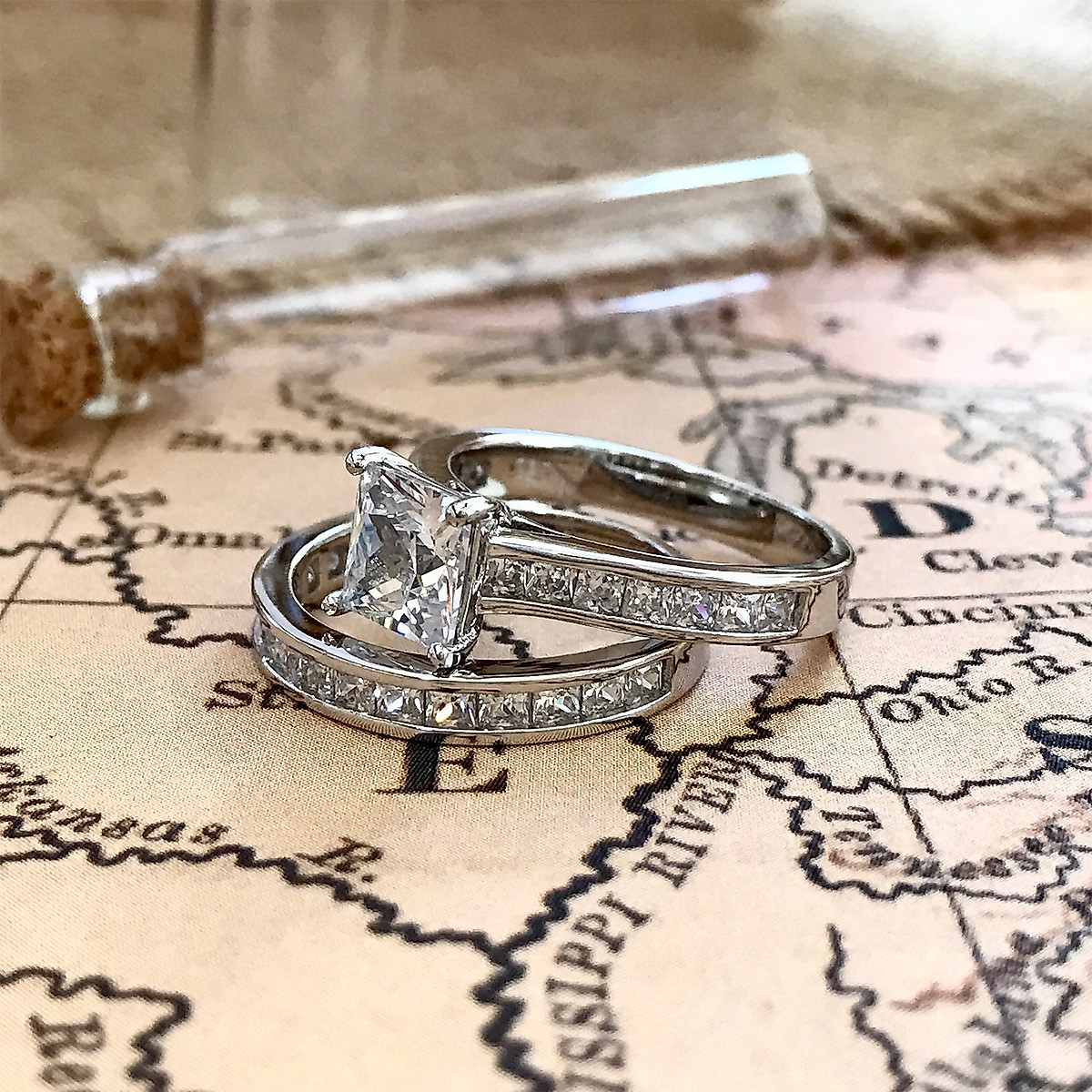 1.5 Carats Sterling Silver Cubic Zirconia Bridal Set Engagement Wedding Ring Bands Princess Cut