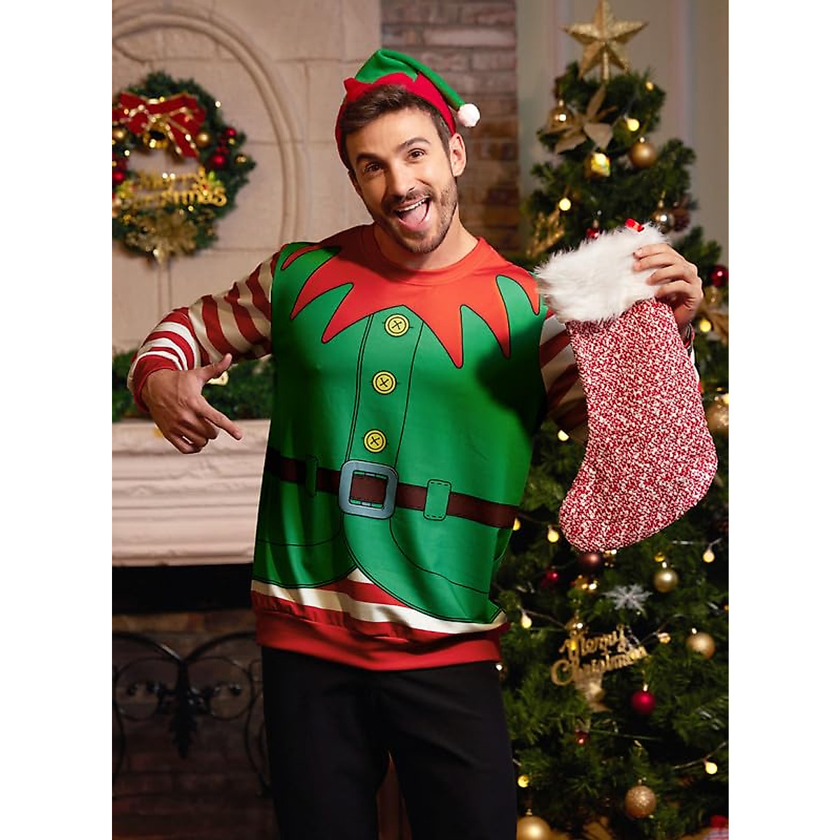 Arvilhill Christmas Men's Funny Ugly Sweater Casual 3D Printed Holiday Crew Neck Sweatshirt Elf Stripe L