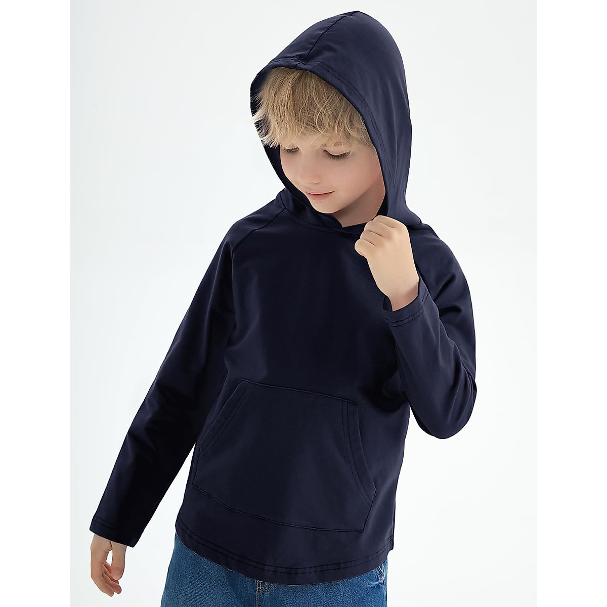 Spring&Gege Boys Light Weight Long Sleeve Hooded T-shirt Casual Solid Pullover Hoodie with Pocket, Navy, 9-10 Years