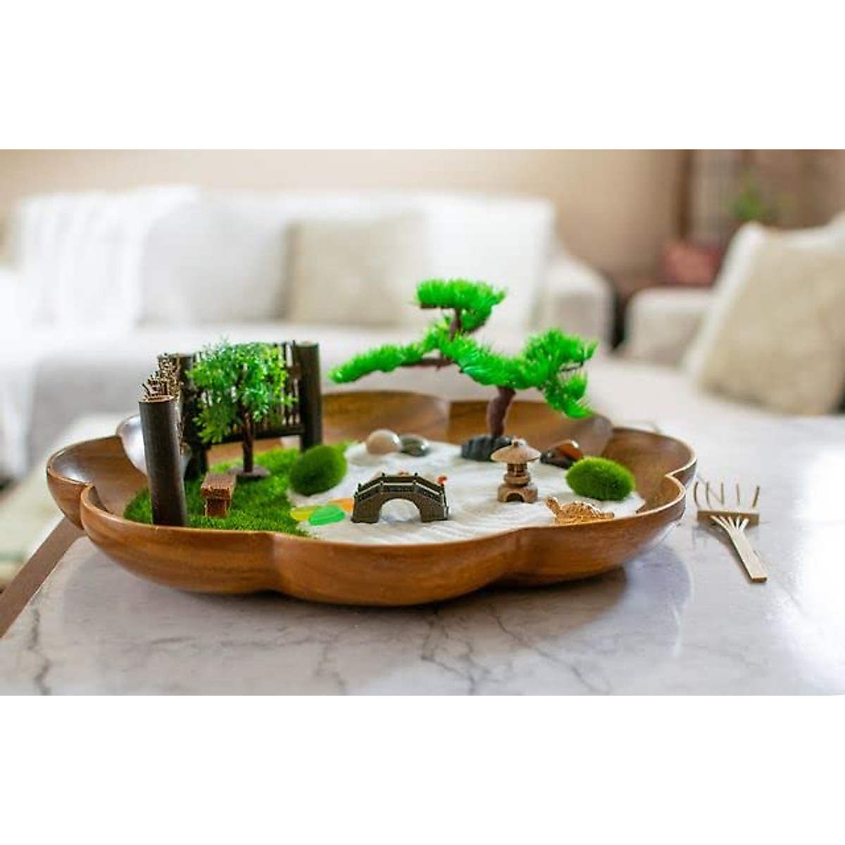 COCORO DIY Desktop Zen Garden for Desk and Office Accessories Includes Zen Garden Sand, Rocks, Rake, Moss Stones, Fishes, Lantern, Bridge, Bench, Baby Pine Tree, Pine Tree, and Turtle