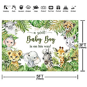 Aperturee 5x3ft Jungle Safari Animals Bbay Shower Backdrop Baby Boy is On His Way It's a Boy Photography Background Green Leaves Photo Booth Studio Cake Table Banner Party Decorations Props Supplies