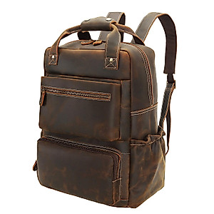 Polare Full Grain Leather 17.3‘’ Backpack Laptop Bag Camping Travel Rucksack Fits 15.6'' Laptop Dark Brown