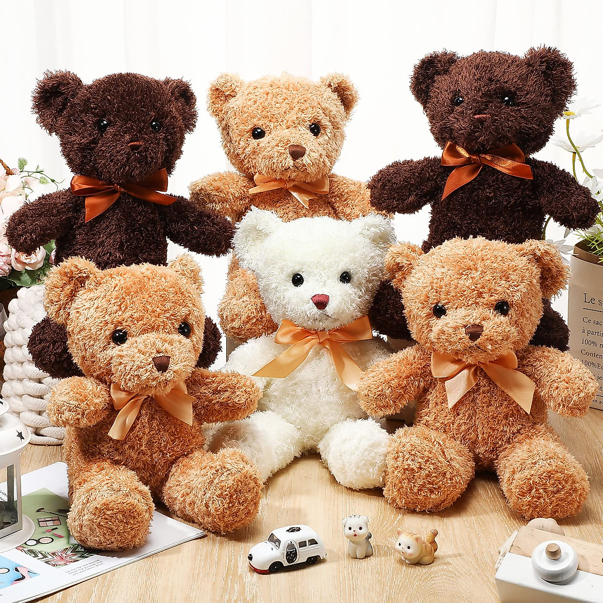 18 Pcs Bear Stuffed Animals Bulk 12 Inch Soft Plush Bears Doll Small Stuffed Bear Toy with Bows for Boy Girl Baby Shower Christmas Birthday Decor Gift Party Favors, White, Dark Brown, Light Brown
