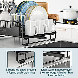 YASONIC Dish Drying Rack with Drainboard - Small Stainless Steel Dish Drainer with Swivel Spout - Dish Racks for Kitchen Counter- Rustproof Dish Rack with Removable Utensil Holder - Black