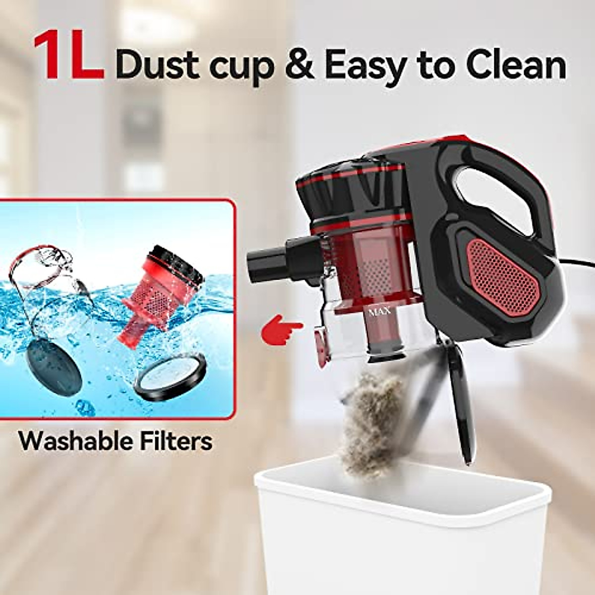 INSE Corded Stick Vacuum Cleaner, 600W Powerful Motor 18000Pa Corded Vacuum Cleaner, 6 in 1 Versatile Corded Vacuum Cleaner for Home Pet Hair Hard Floor - Red