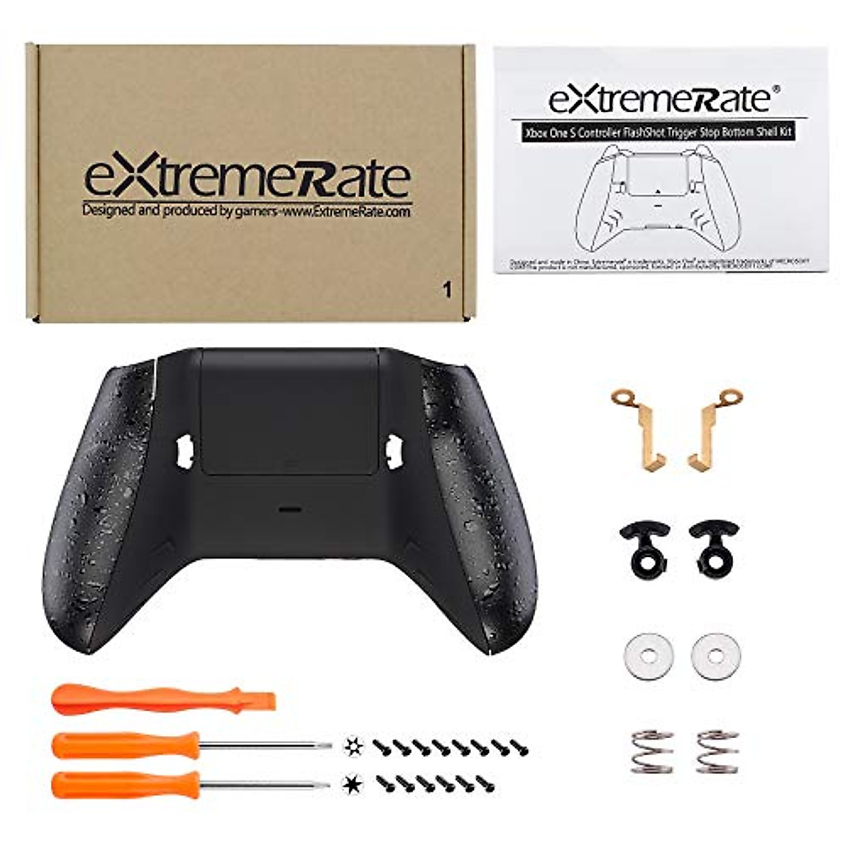 eXtremeRate FlashShot Trigger Stop Bottom Shell Kit for Xbox One S & One X Controller, Redesigned Back Shell & Textured Black Handle Grips & Hair Trigger for Xbox One S X Controller Model 1708