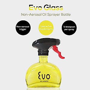 Evo Oil Sprayer Evo Glass Trigger Sprayer Bottle, Non-Aerosol for Olive Cooking Oils, 6-Ounce Capacity, 6 oz, Yellow/Black/Red