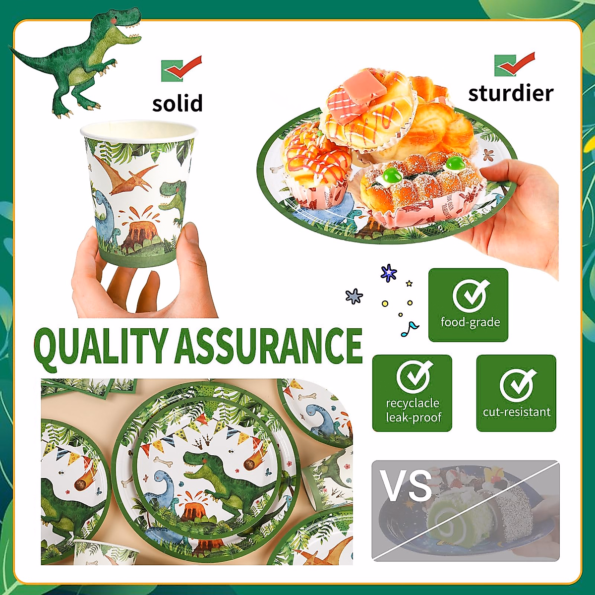 96Pcs Dinosaur Birthday Party Supplies -24 Guest Dino Plates Cups and Napkins For Boys Kids three rex Birthday decorations Baby Shower