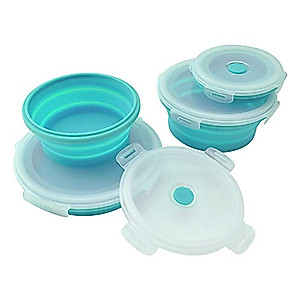 ULEE Silicone Collapsible Food Storage Containers,Set of 4 Round Folding Silicone Lunch Box,Microwave and Freezer Safe (Blue, Round)